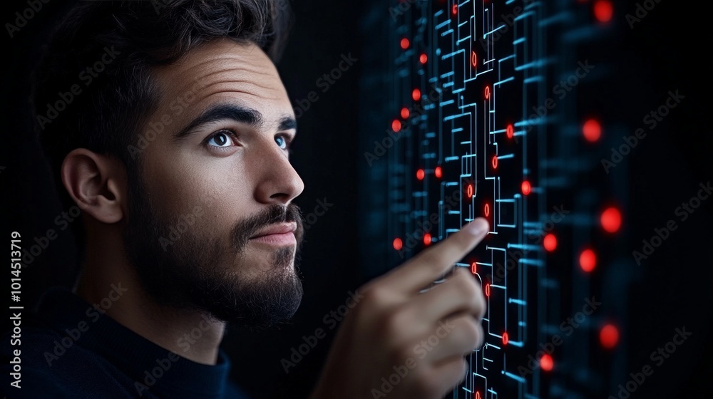 Data Analyst: A young man with a focused gaze, his finger tracing a ...