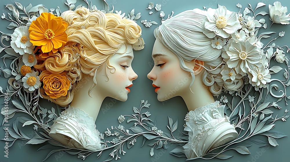 Paper Flower Art Two Women Portraits with Floral Details Romantic ...