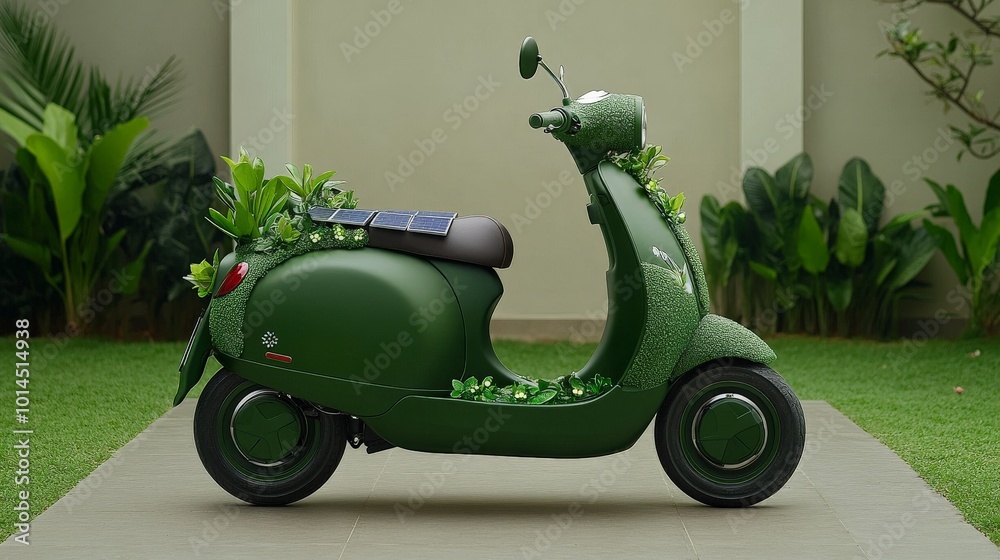 Eco-Friendly Electric Scooter: A sleek, green electric scooter, adorned ...