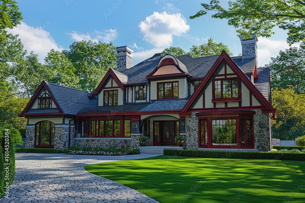 Architectural design of a house with crimson red accents, traditional ...