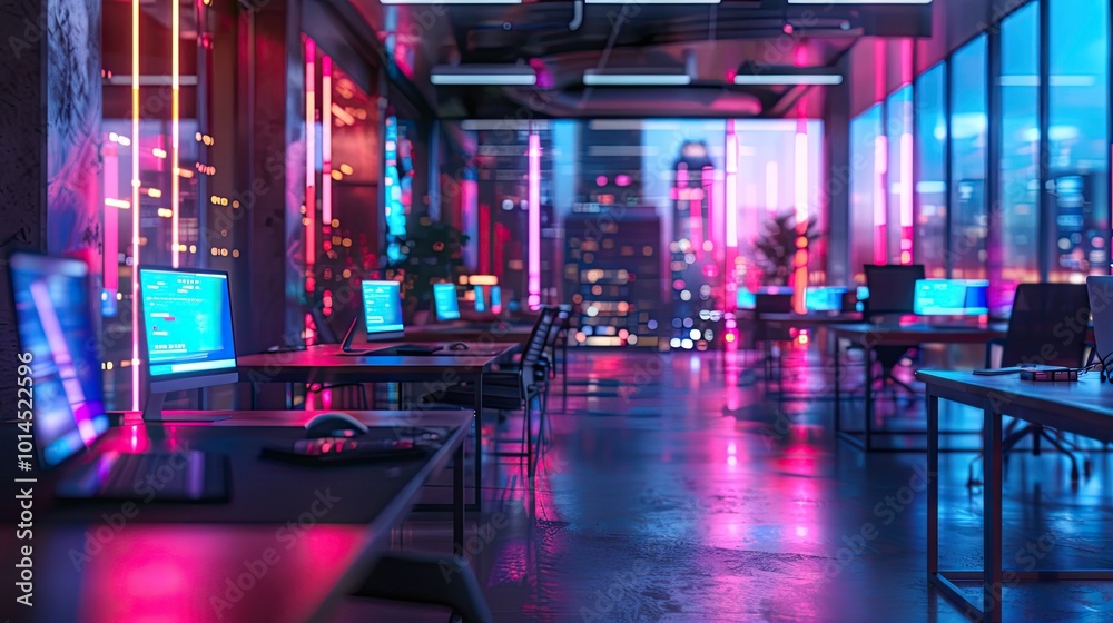 Modern neon cyberpunk open space office interior with information ...
