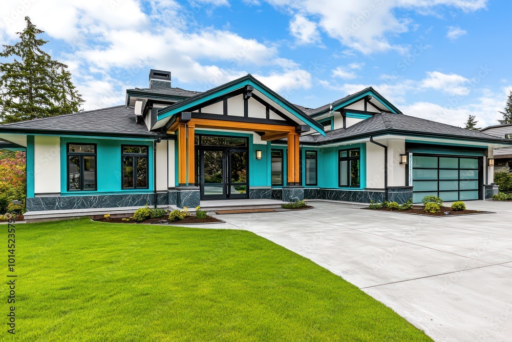 Architectural design of a house with bright teal accents, traditional ...