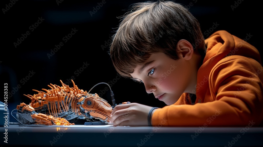 Young Inventor at Work: A curious boy meticulously assembles a robotic ...