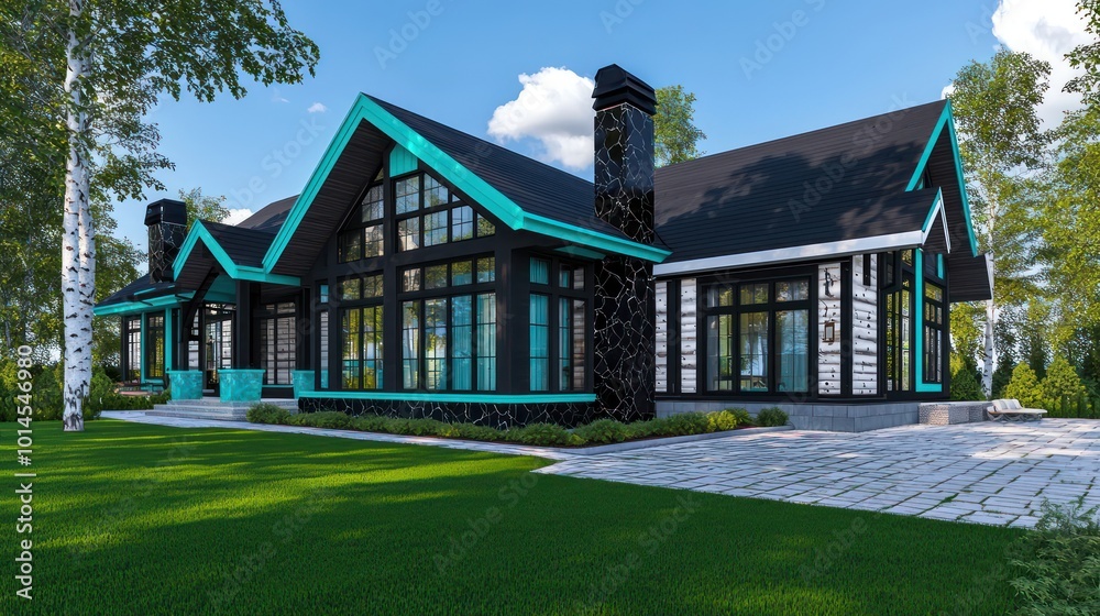 Architectural rendering of a home with turquoise accents, traditional ...