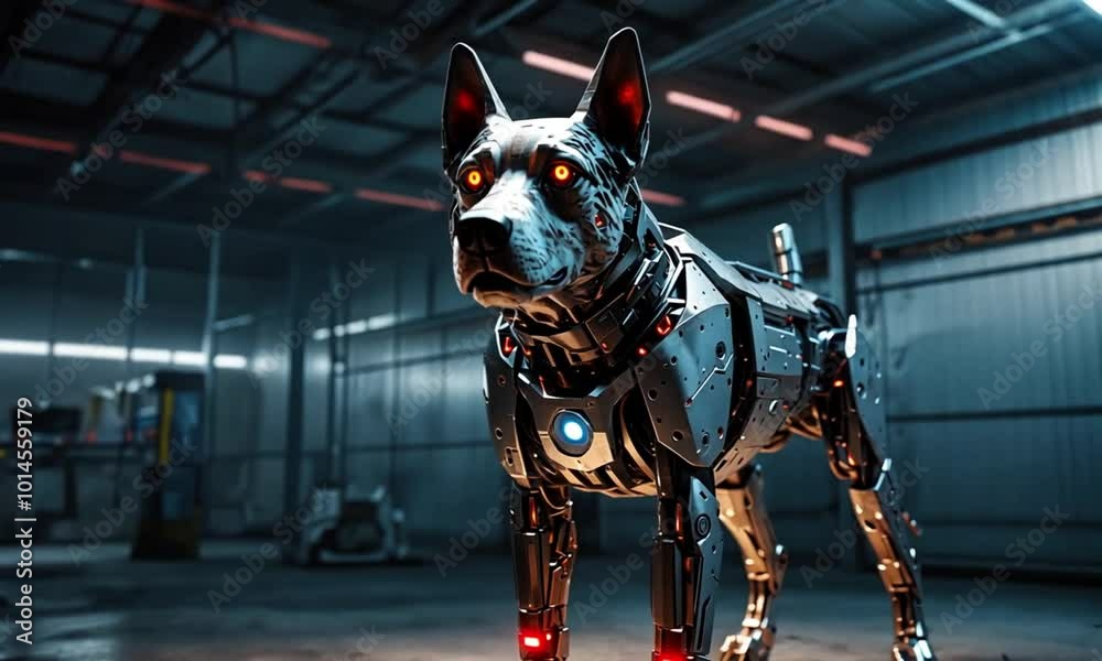 A futuristic robotic dog patrolling a high-tech security facility at ...