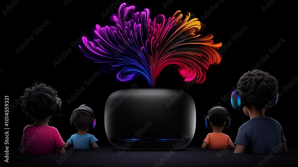 Kids Immersed in Vivid Soundscape: Animated children captivated by ...