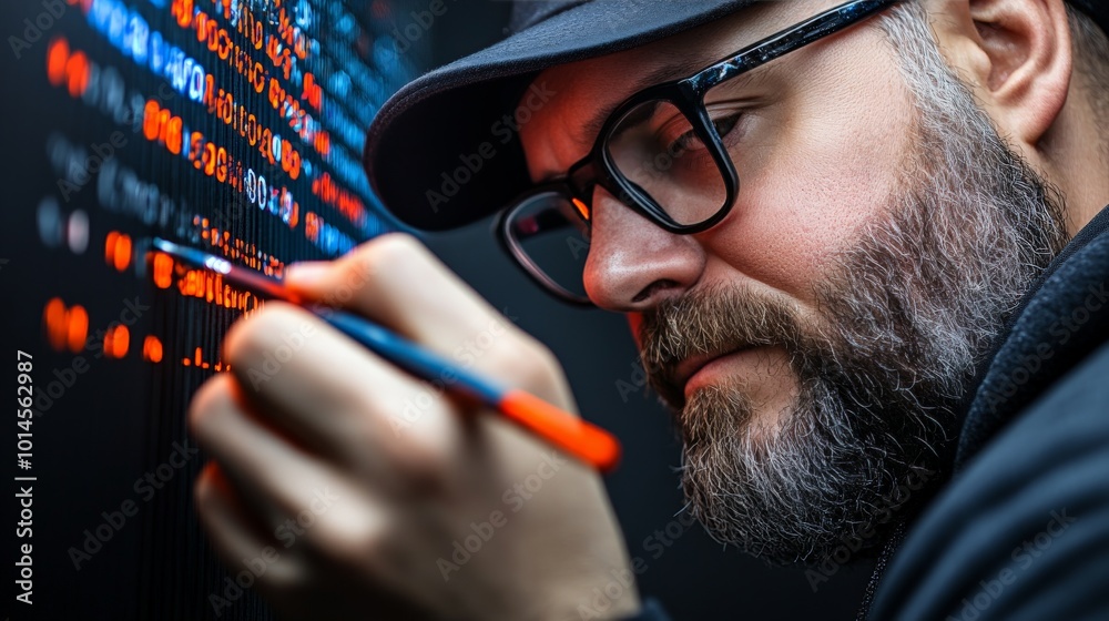 Code Master: A close-up portrait of a focused programmer meticulously ...