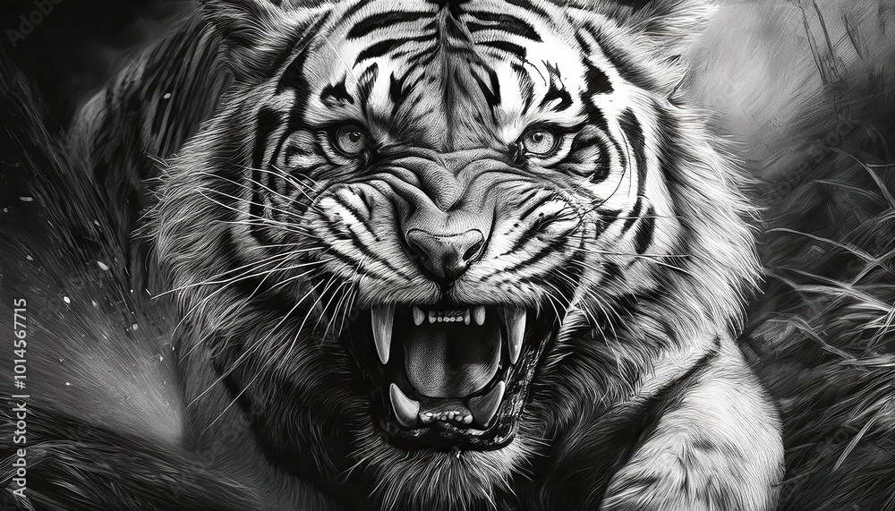 penciling grayscale detailed of a realistic view, Leaping tiger black ...