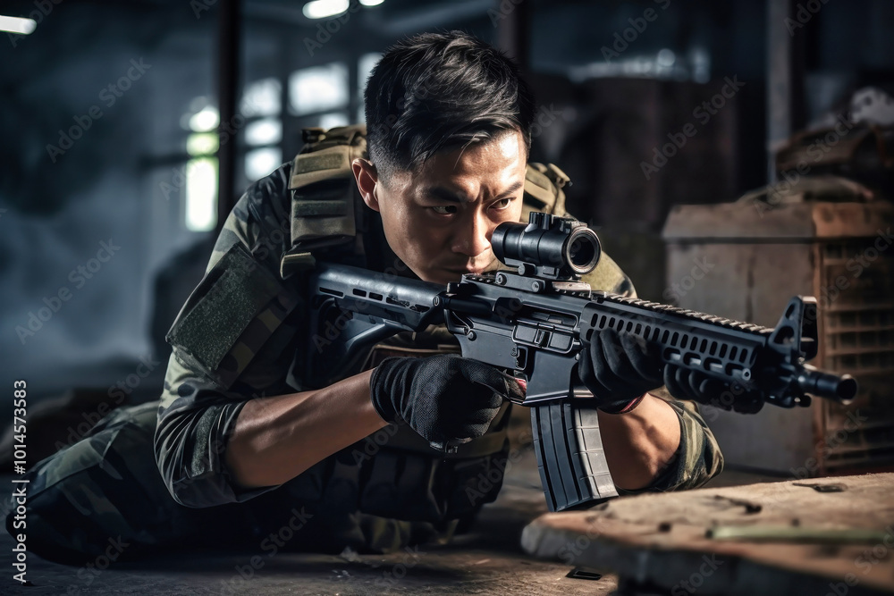 Chinese soldier takes aim with a rifle while kneeling in a dimly lit ...