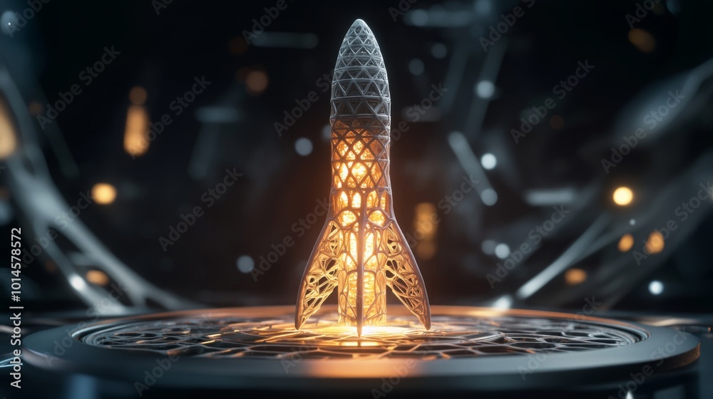 A detailed futuristic rocket model stands center stage, illuminated by ...