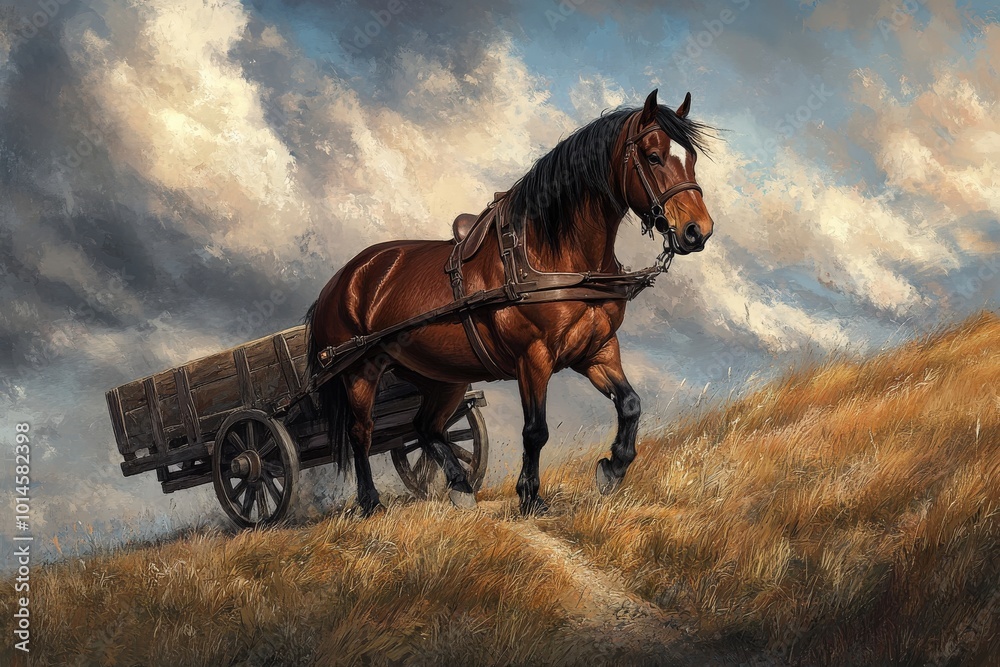 Work Horse - A Strong Draft Horse Pulling Heavy Wagon in a Rural ...