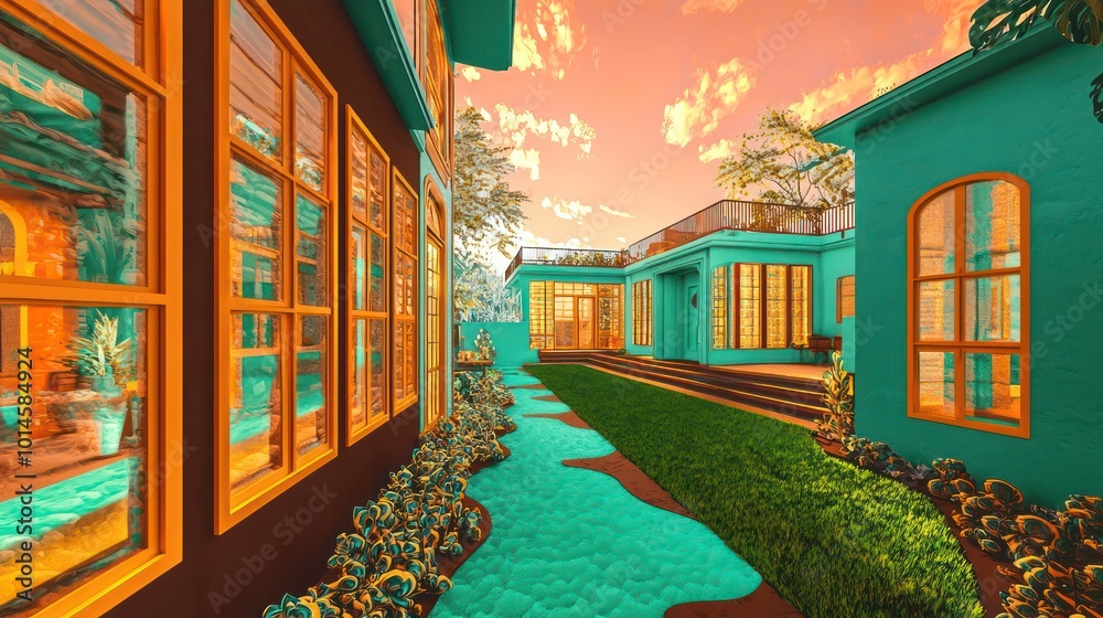 Artistic home with amber window frames, a teal terrace, and jade walls ...