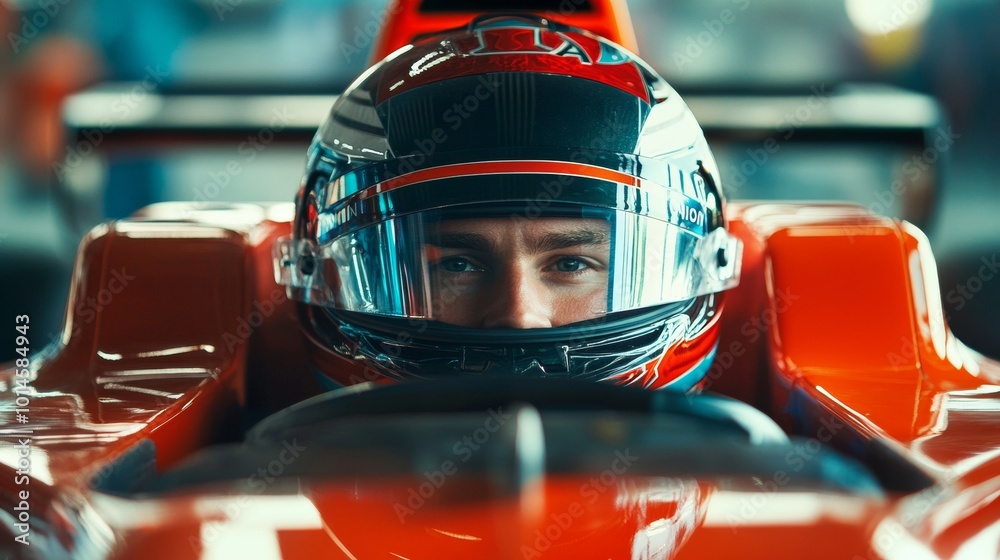 Racing driver focusing ahead while wearing a helmet, sitting in a red ...
