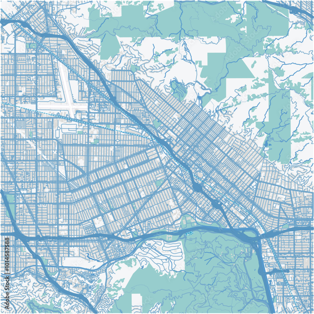 Map of Burbank in California in a professional blue style. Contains ...