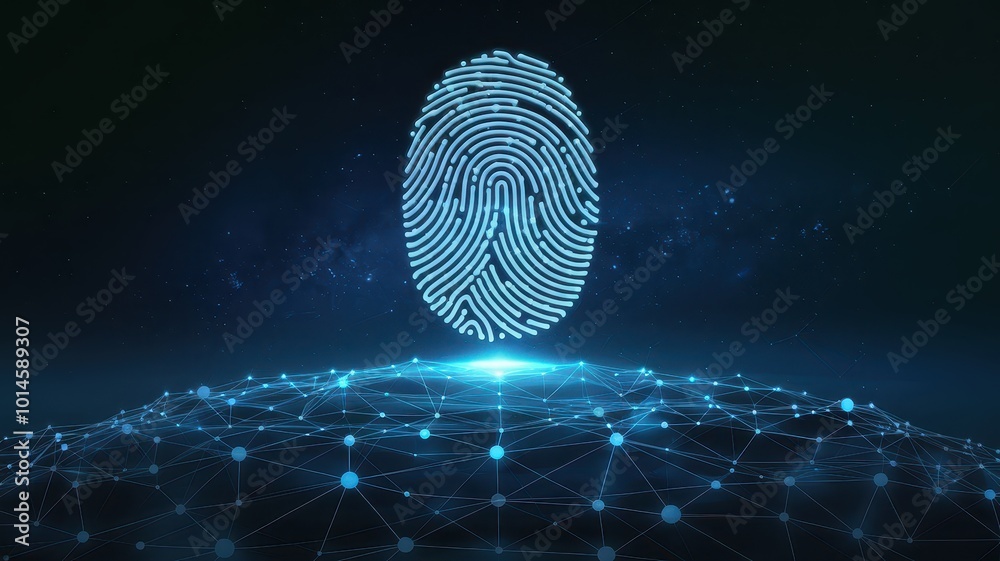 Glowing blue digital fingerprint holograms hovering above a global ...