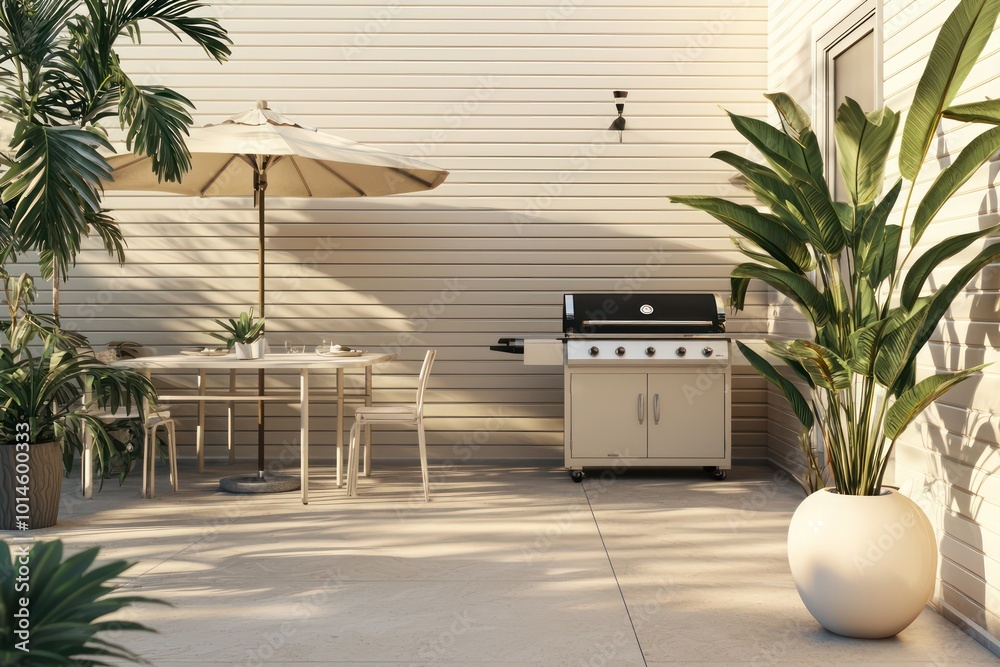 Bone house with ivory vinyl siding, a clean patio with a bone dining ...