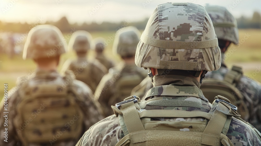 Group of soldiers standing in formation, wearing camouflage uniforms ...