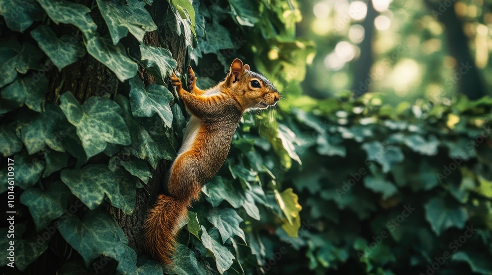 A vibrant shot of a squirrel scampering up a tree covered in ivy, with ...
