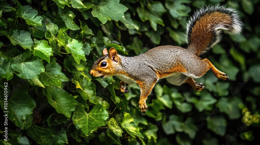 A vibrant shot of a squirrel scampering up a tree covered in ivy, with ...