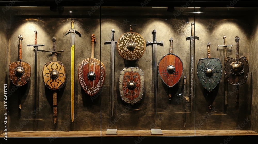 Swords and shields from Viking history displayed in a museum exhibit ...