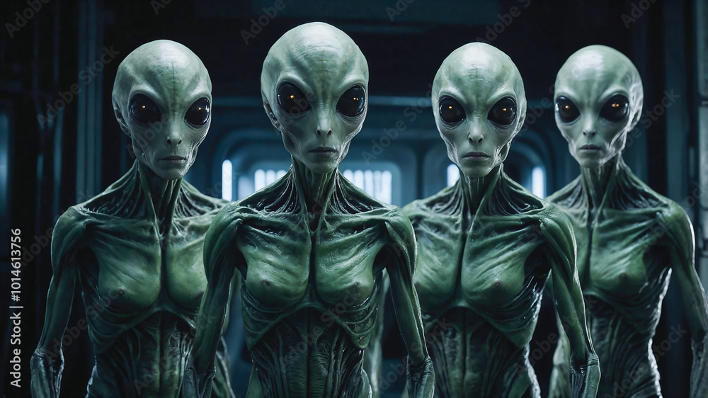 Eerie Alien Quartet. Extraterrestrial Beings in Dark Futuristic Setting ...
