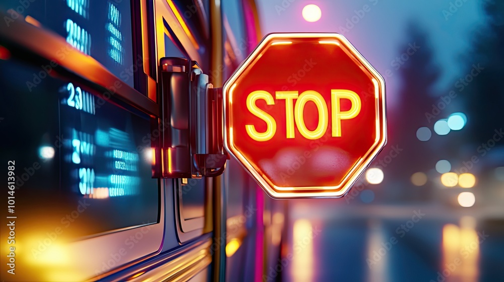 A stop sign attached to the side of a school bus, shown in detail with ...