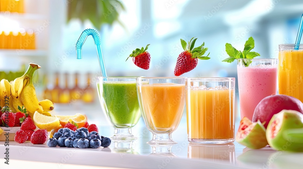 Modern juice bar counter with a variety of freshly made smoothies and ...