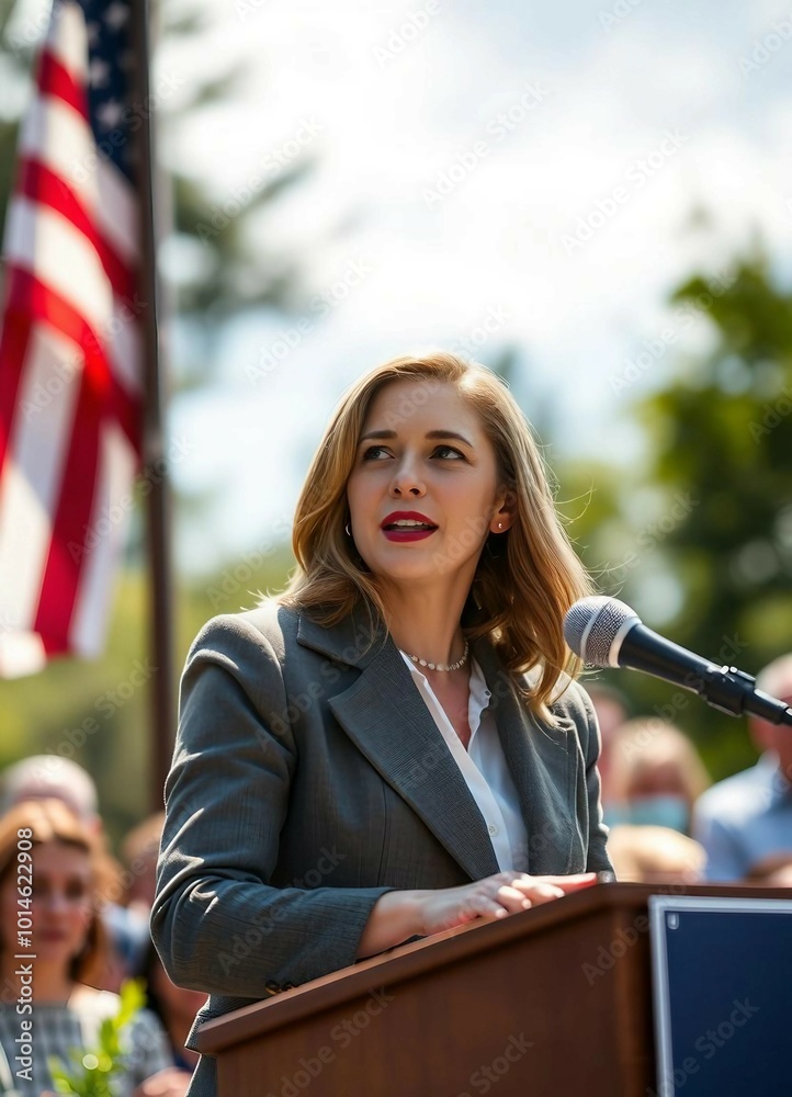 A beautiful female politician in formal attire speaking on a podium in ...