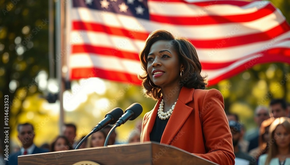 A beautiful African American female politician in formal attire ...