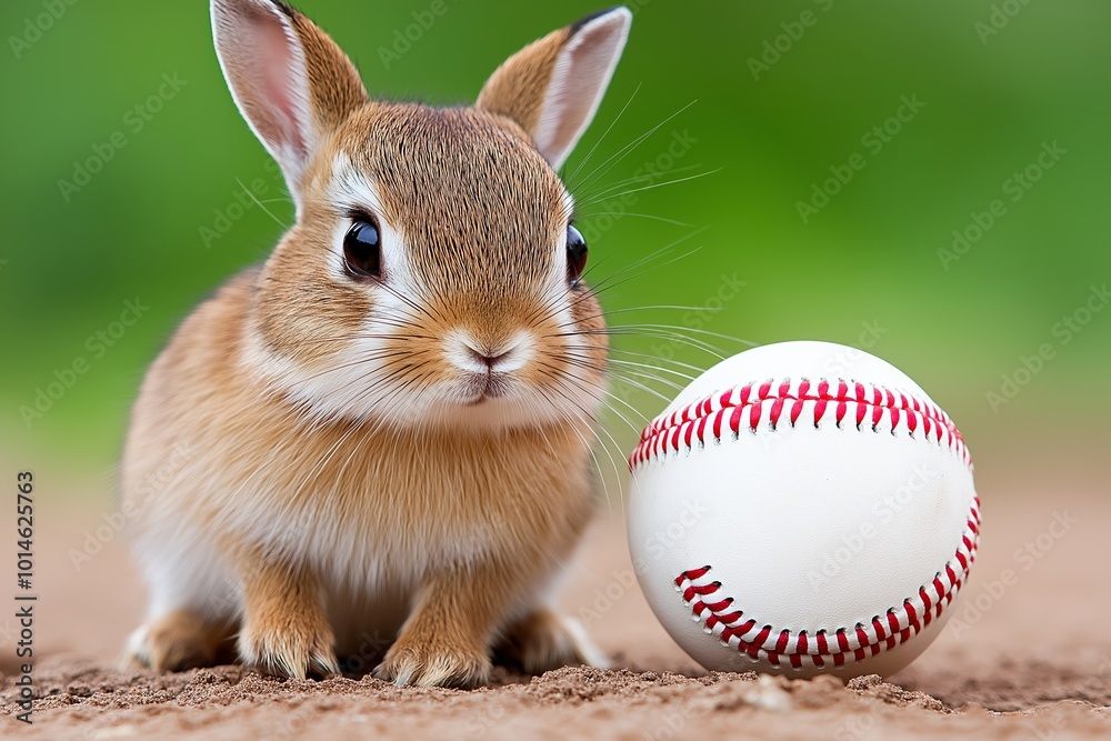 Rabbit is standing next to a baseball. The baseball is dirty and has a ...