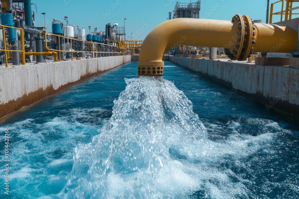 Industrial water system, vibrant blue water flowing from a large yellow ...