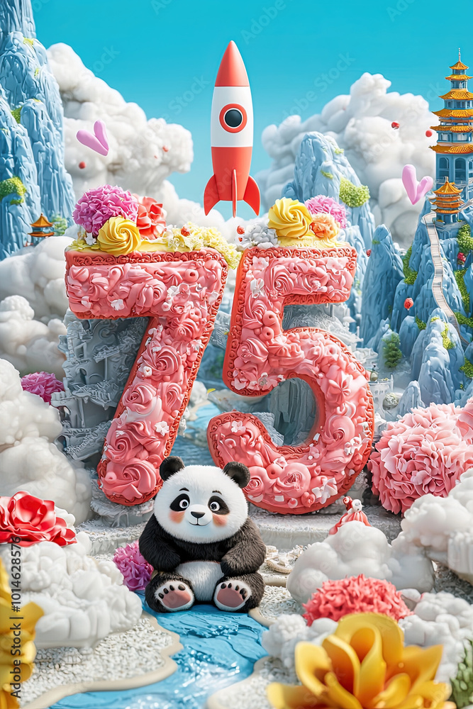 Number 75 decorated with peonies and rocket, highspeed trains and ...