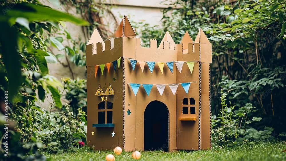 cardboard play castle set in an outdoor garden. The castle features two ...