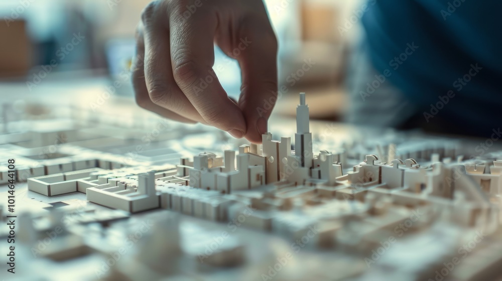 A hand meticulously places a piece on a detailed city model, capturing ...