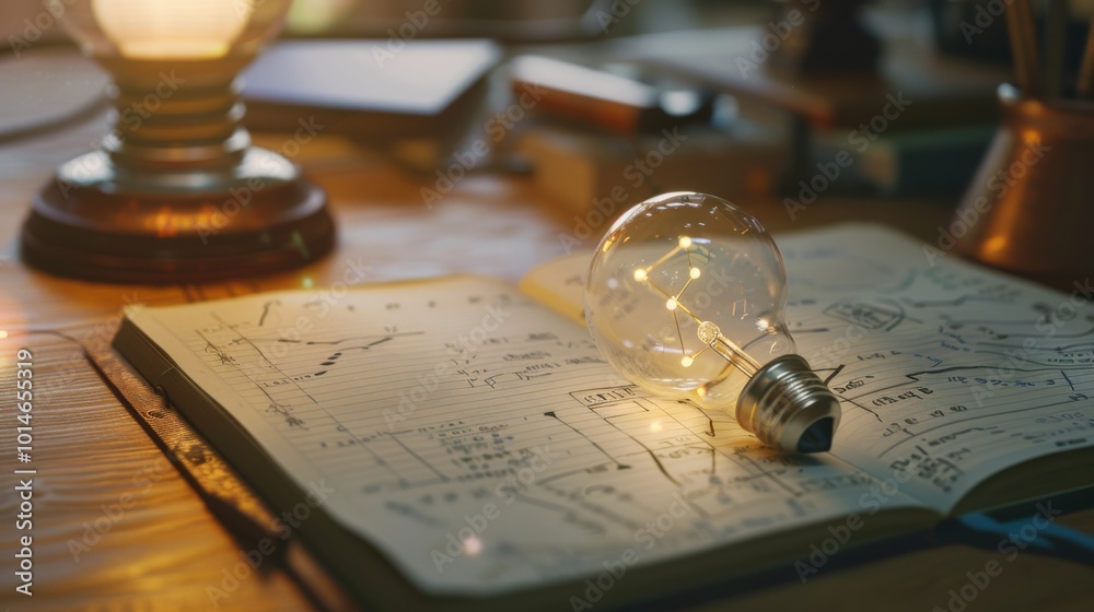 A light bulb rests on an open notebook with handwritten equations ...