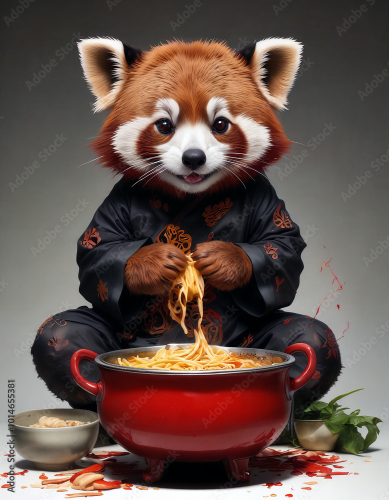 A playful red panda enjoying a bowl of spaghetti while dressed in ...