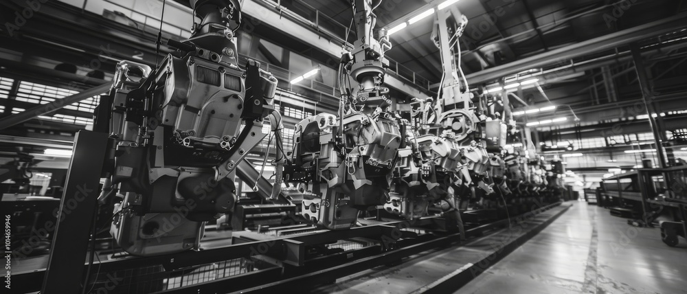 An industrial scene with rows of robotic assemblies in a factory ...