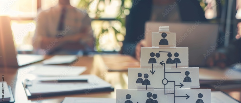In a sunlit office, an organizational structure chart forms a pyramid ...