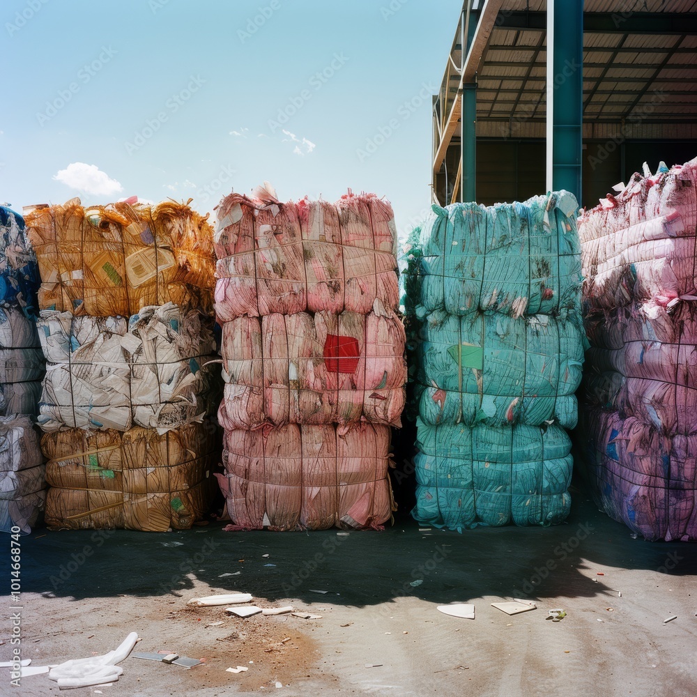 Vibrant stacks of plastic bales under a clear sky underscore the ...