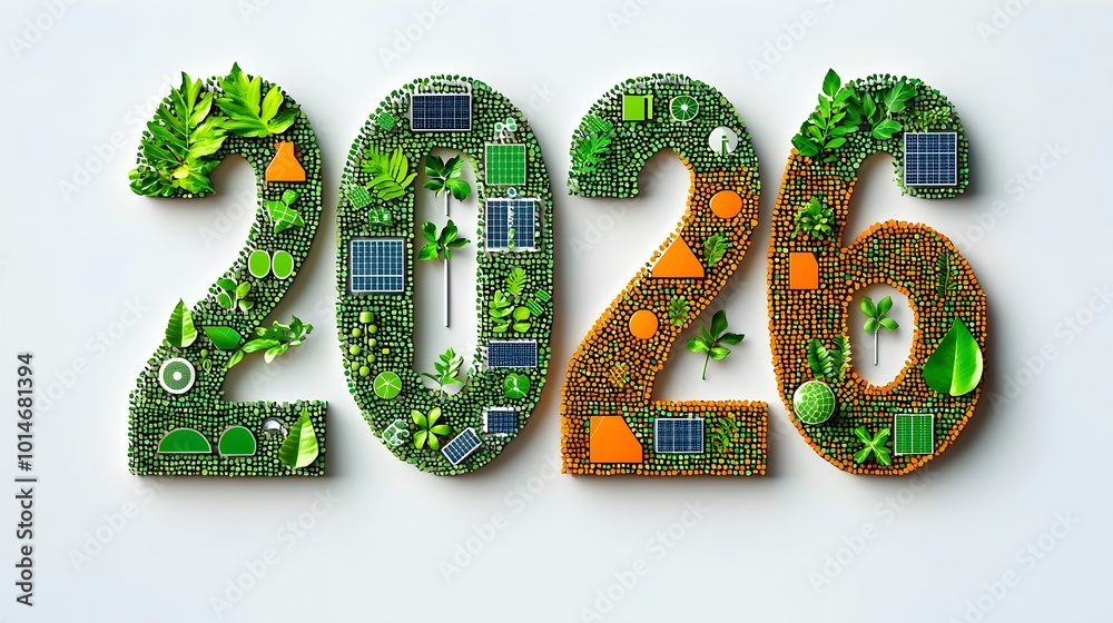 The year 2026 is represented by the numbers 2026 formed by green leaves ...