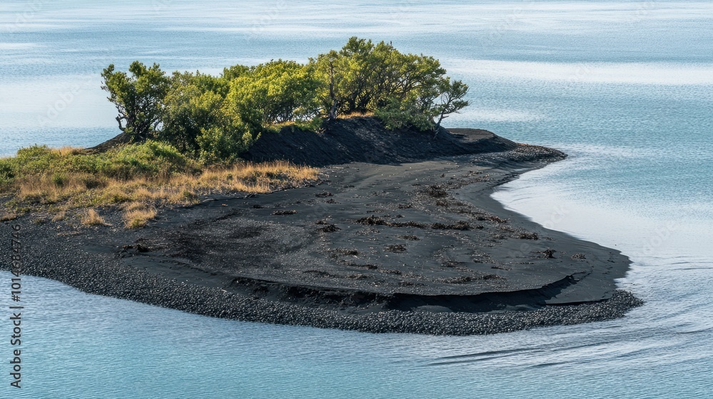 Small, uninhabited island forming from volcanic deposits, with black ...