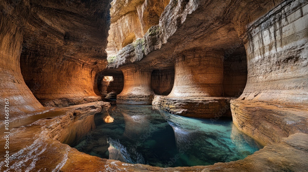 Subterranean passageways carved through solid rock by the steady flow ...