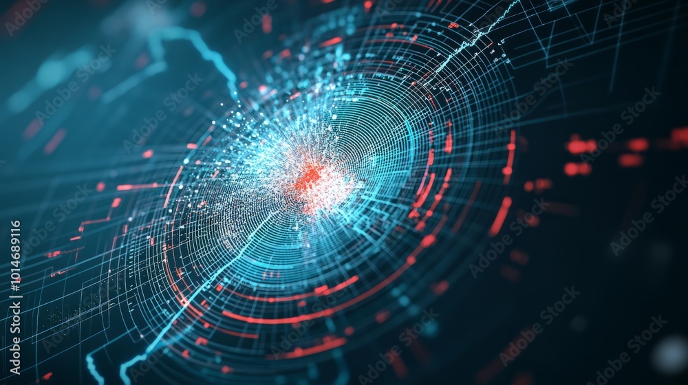 A digital map visualizing an earthquake's epicenter, featuring concentric circles radiating ...