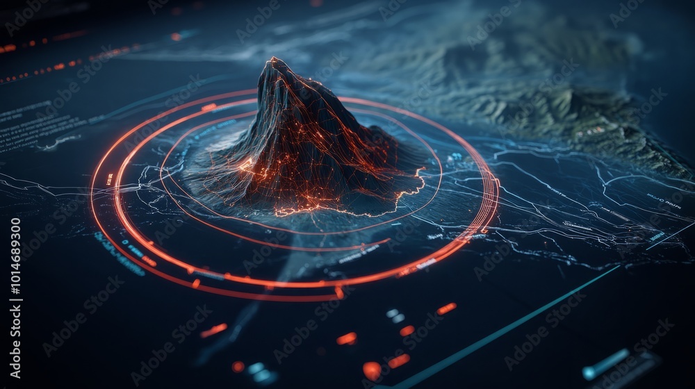 A digital map visualizing an earthquake's epicenter, featuring concentric circles radiating ...