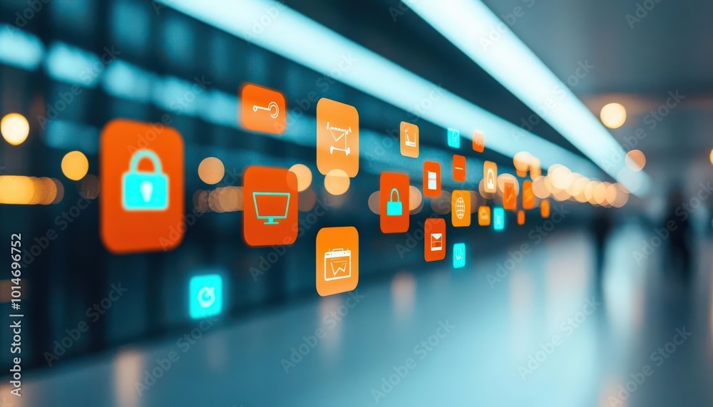 Hightech learning hub with floating digital icons and virtual subject ...