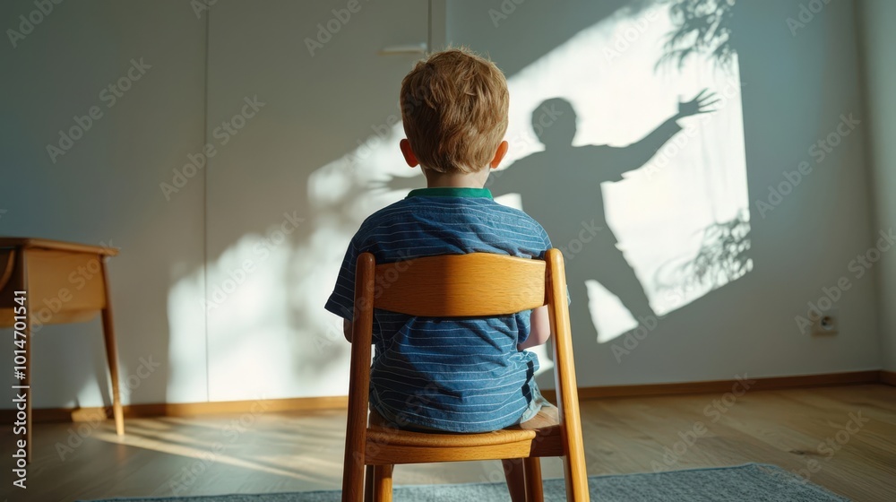 Child sitting in front of a locked door, with shadows of arguments and ...