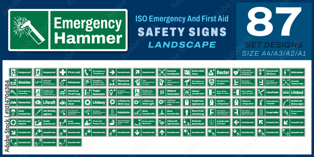87 set iso emergency and first aid safety signs v25_landscape size 1/2 ...