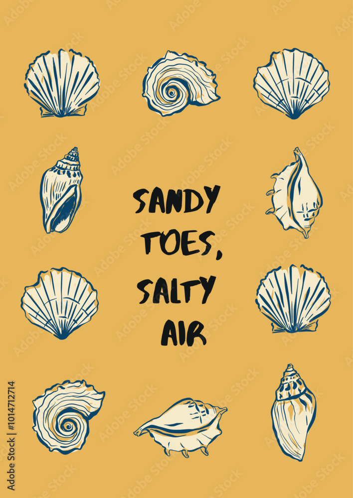 Vector poster with Mediterranean seafoods. Hand-drawn oysters and ...