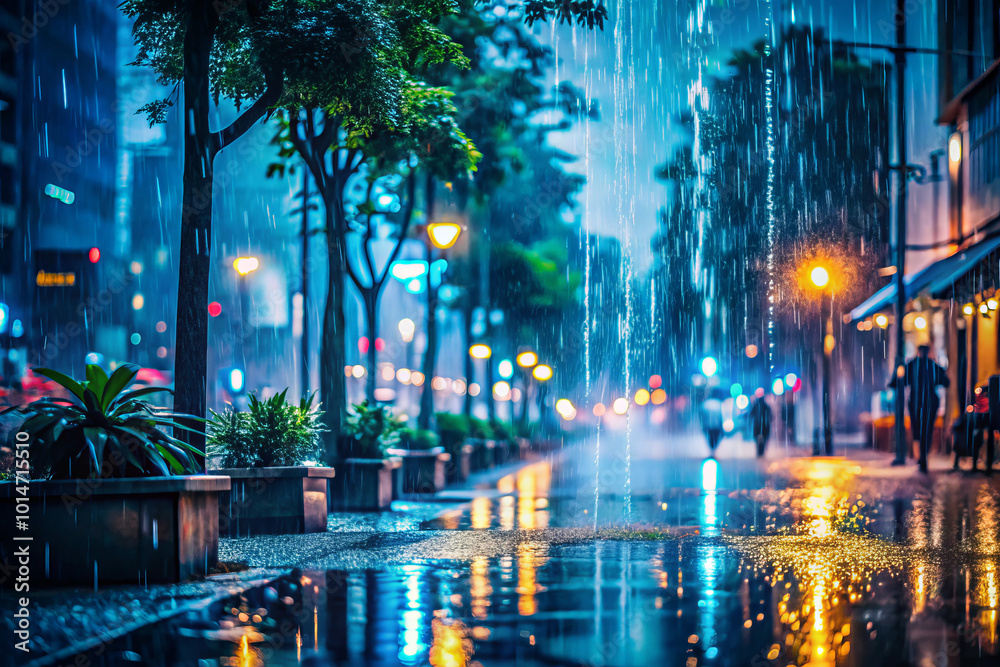 serene urban scene featuring heavy rain, illuminated by streetlights ...
