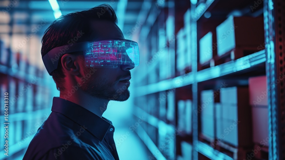 Warehouse employee using augmented reality AR glasses for inventory ...